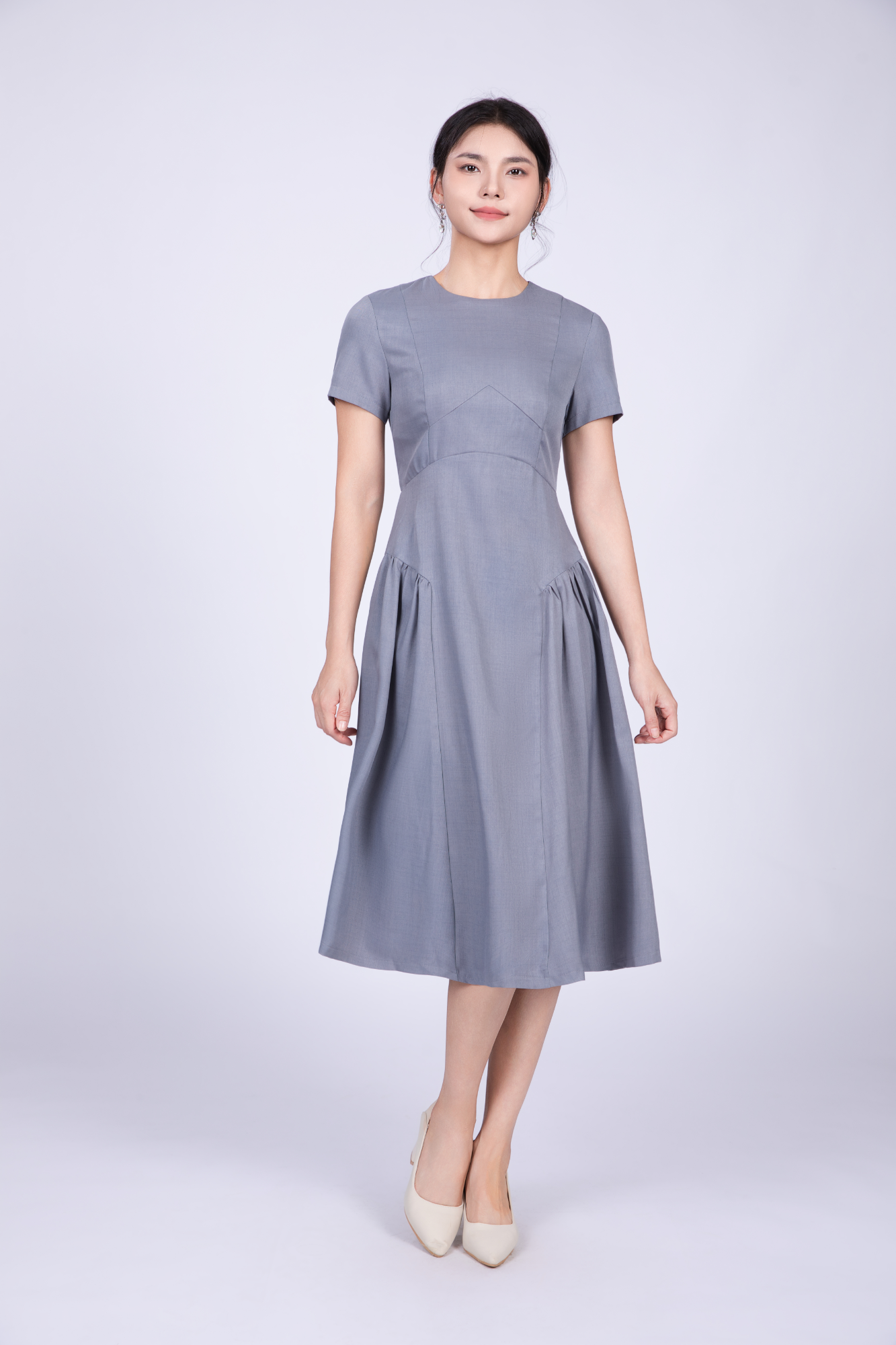 Freya Retro Midi Dress in Grey Blue – Jin Hayari