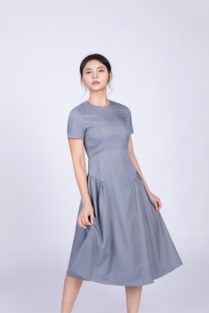 Freya Retro Midi Dress in Grey Blue – Jin Hayari